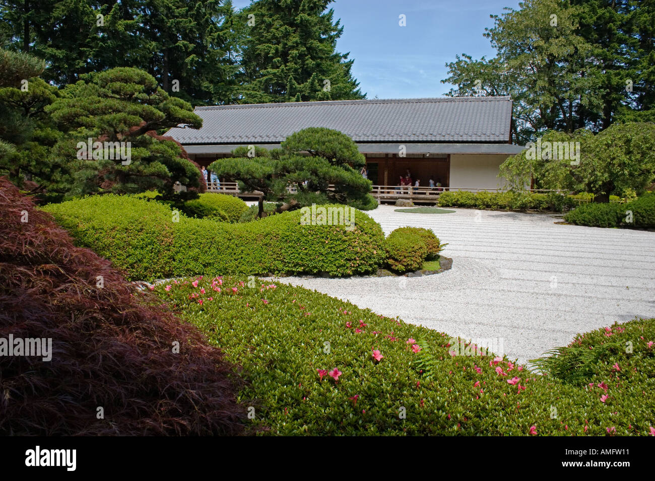The Tea House with manicured trees plants at the Portland Japanese ...