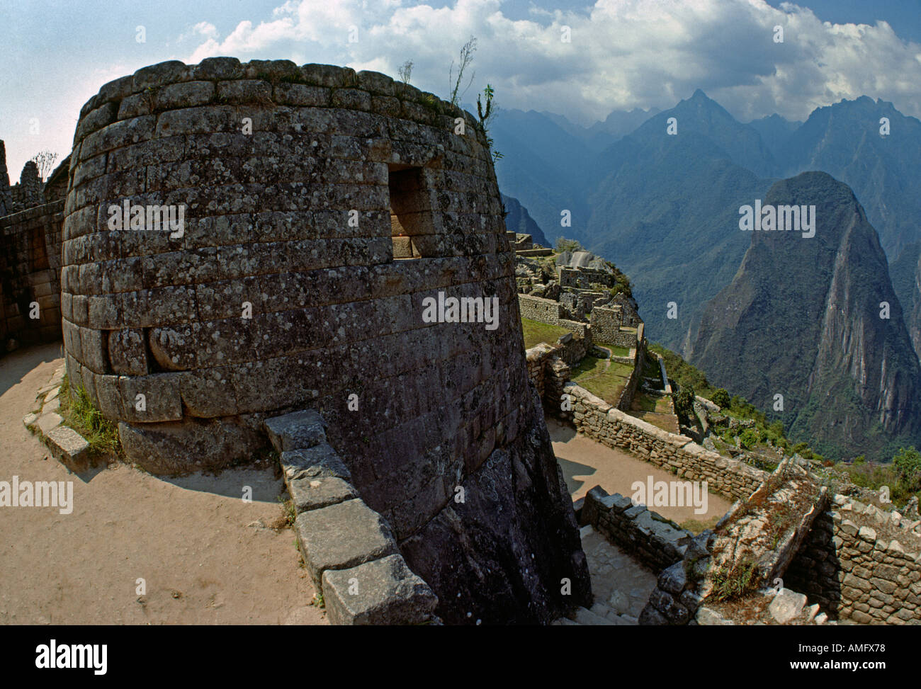 TEMPLE OF THE SUN at the INCA RUINS OF MACHU PICCHU PERUVIAN ANDES ...