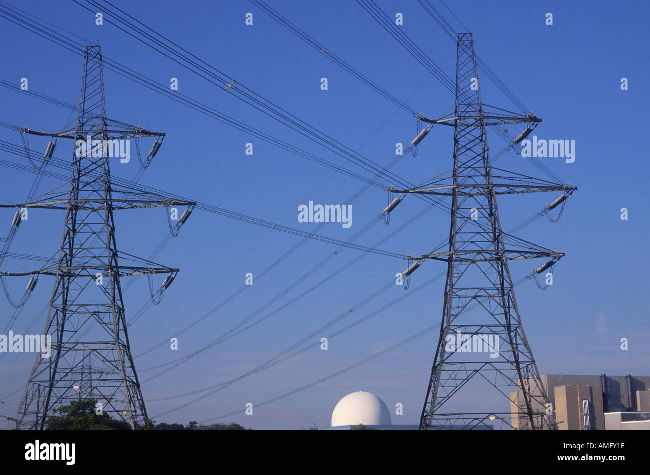 Pylons and power cables Sizewell nuclear power station Suffolk England ...