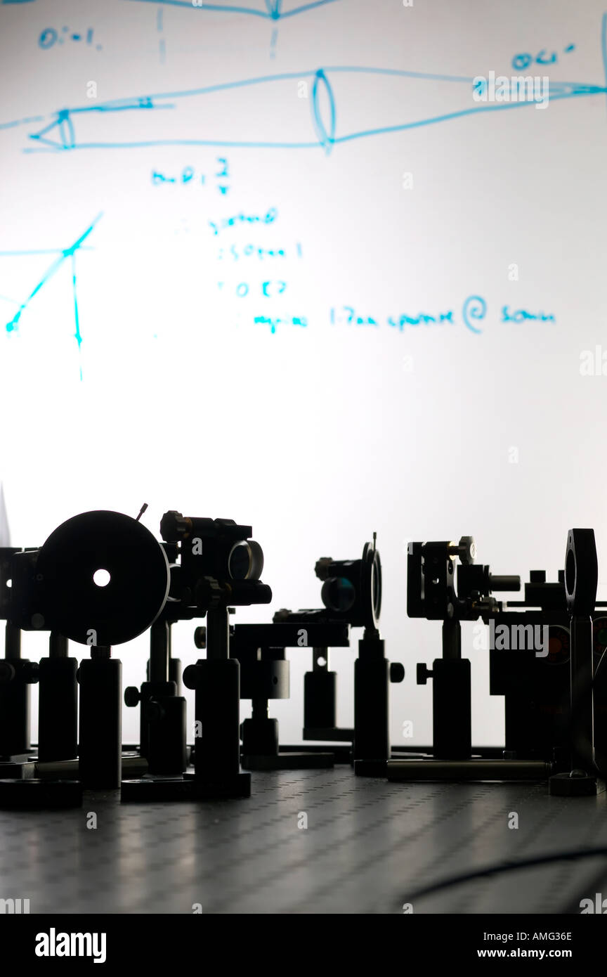 physics laboratory equipment in silhouette against white board with ...