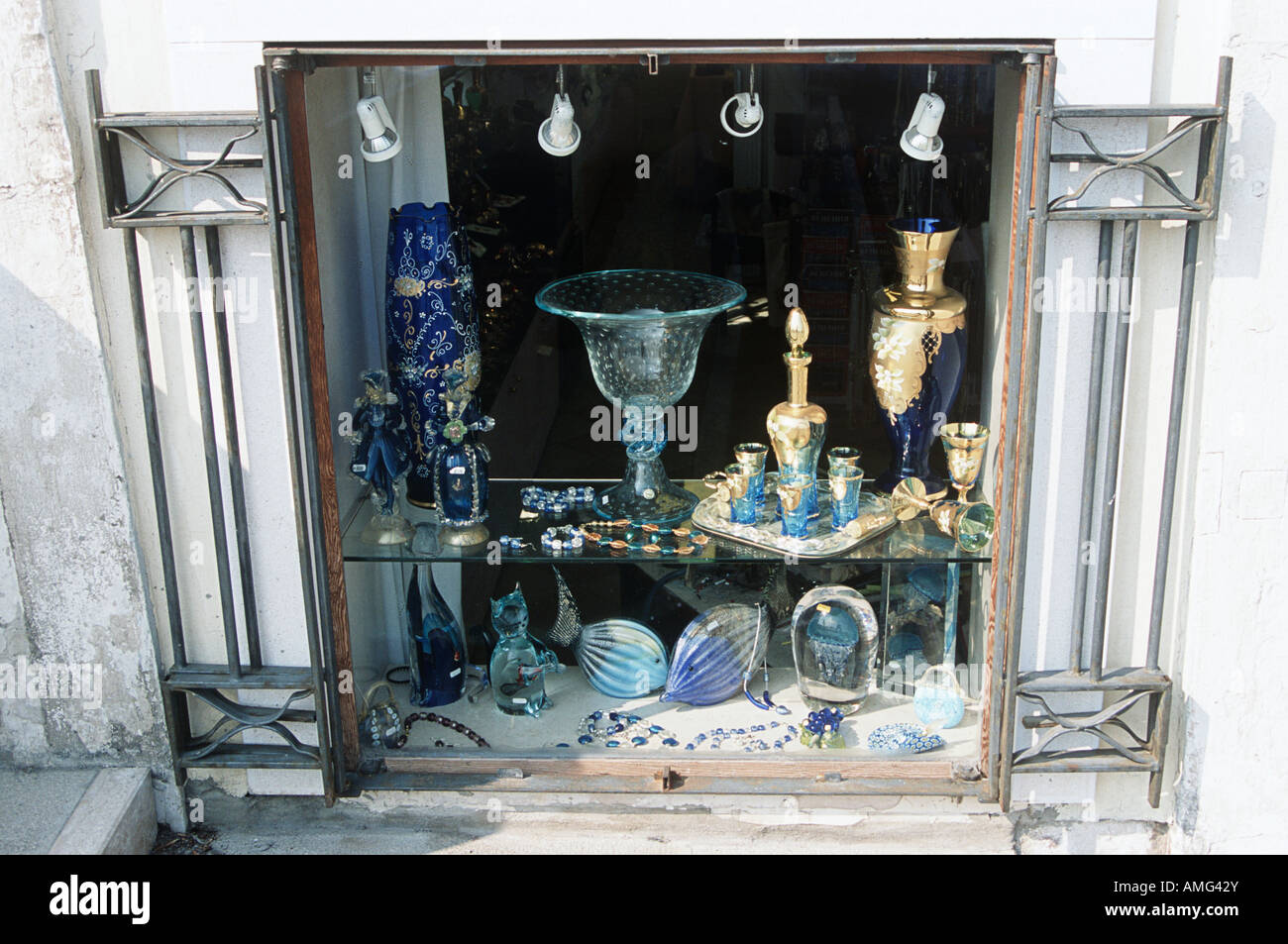 Glass gifts for sale as seen through gift shop window, Venice, Italy ...