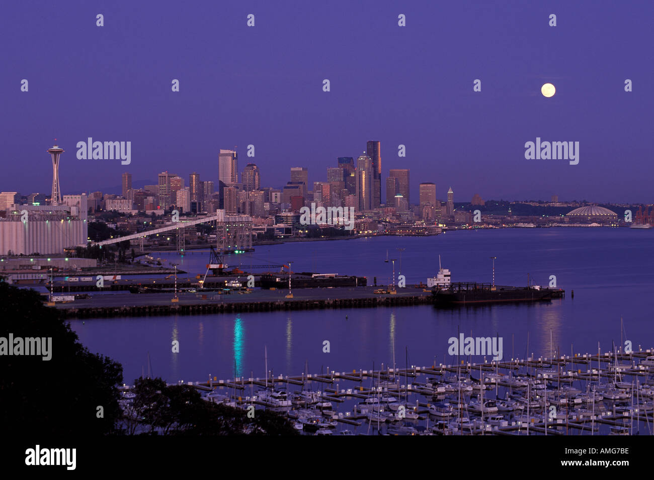 Full Moon Rises Over Seattle Washington Skyline At Dusk Elliot Bay ...