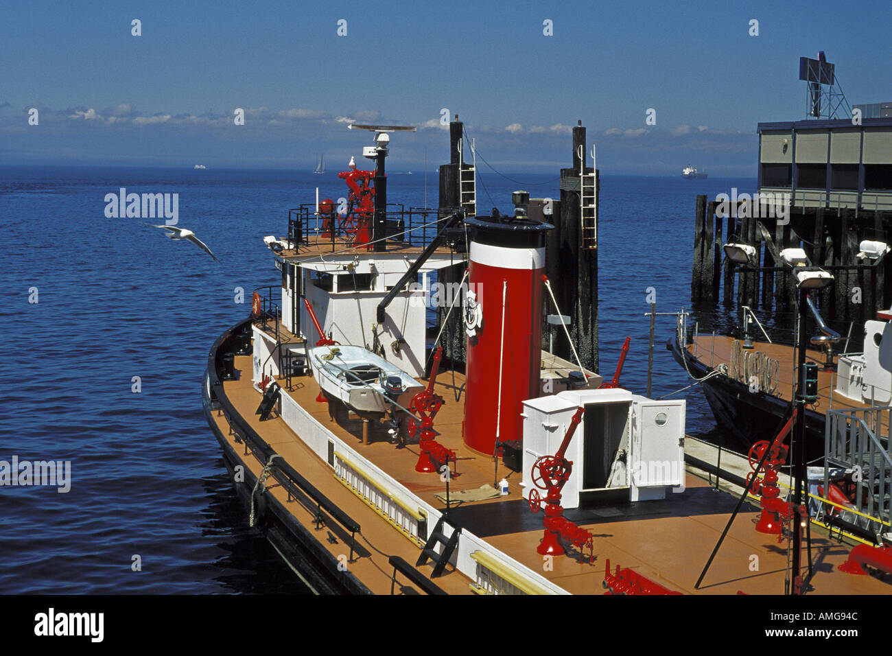 Fireboat docked on Seattle Washington Waterfront on Elliot Bay with ...