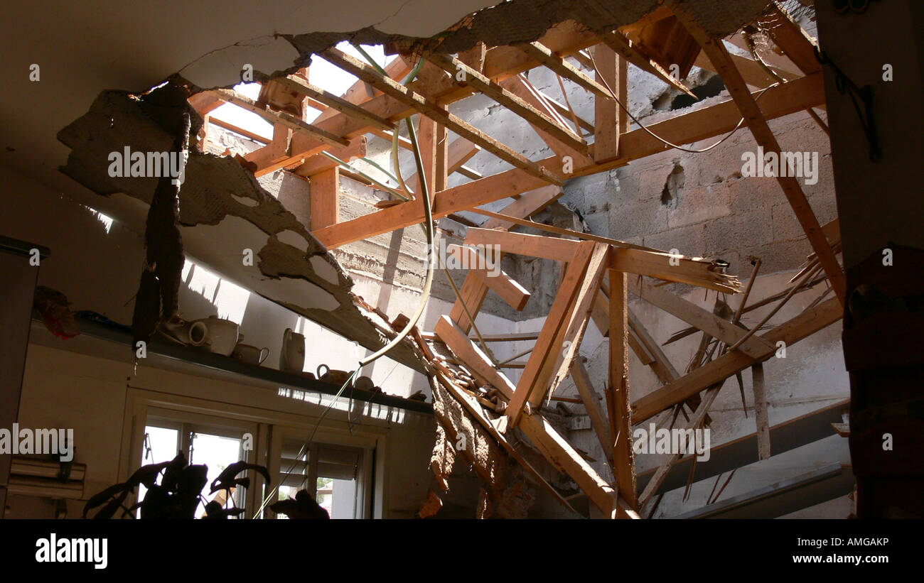 Israel Sderot house damaged by a Qassam rockets launched by Hamas from ...