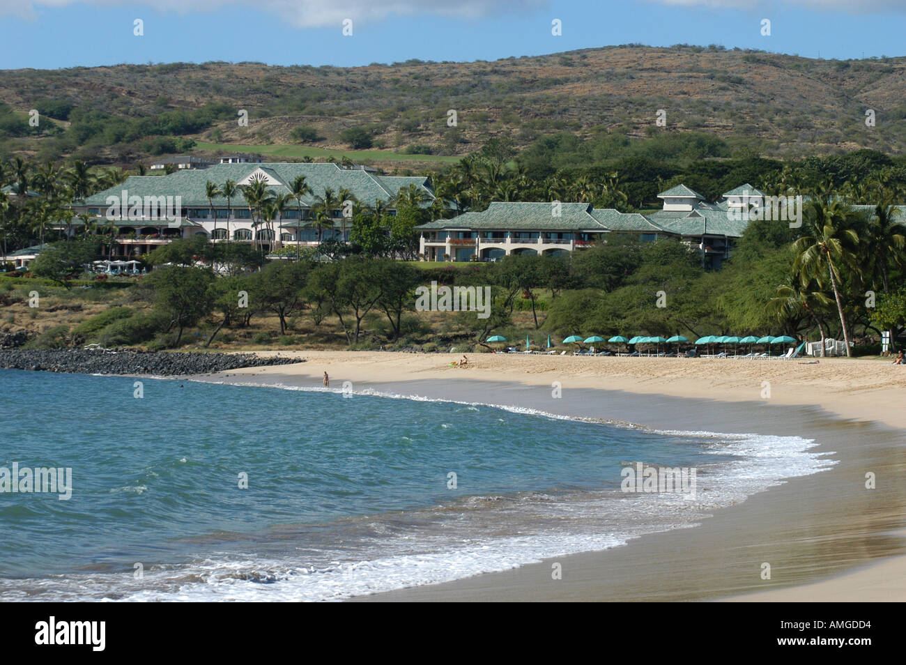 Beach in Lanai Hawaii USA and Manele Bay Hotel Stock Photo - Alamy