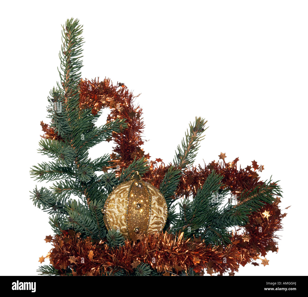 Christmas tree branch with adornments isolated on white Stock Photo - Alamy