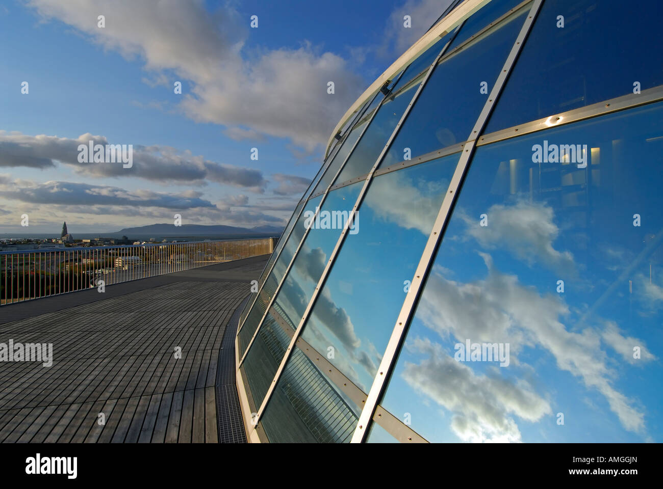 Observation desk at Perlan landmark building atop water tanks with ...