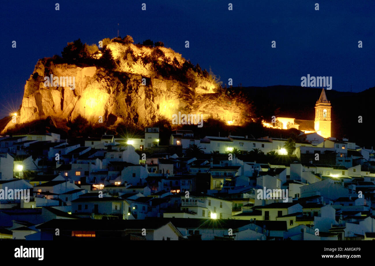 Ardales village at twilight, showing the large Limestone Promontory ...