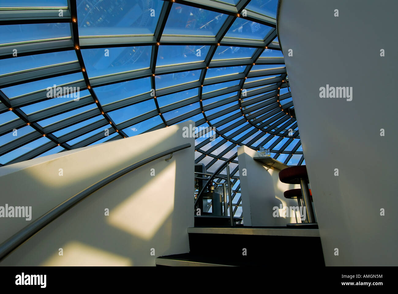 Interior of Perlan restaurant landmark building atop water tanks with ...
