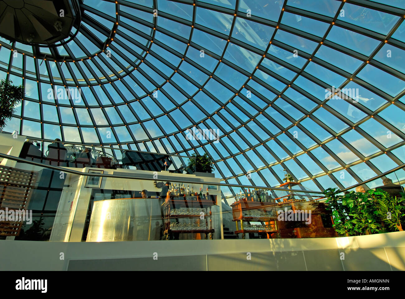 Interior of Perlan restaurant landmark building atop water tanks with ...