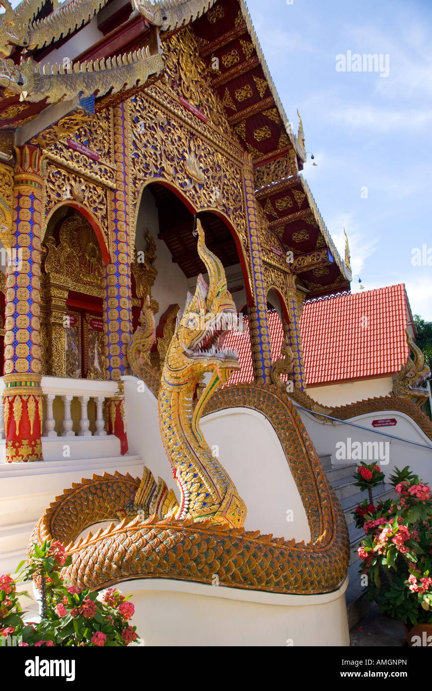 Thai Temple with Naga statue Stock Photo - Alamy