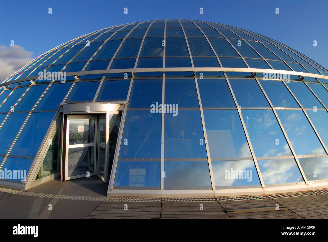Observation desk at Perlan landmark building atop water tanks with ...