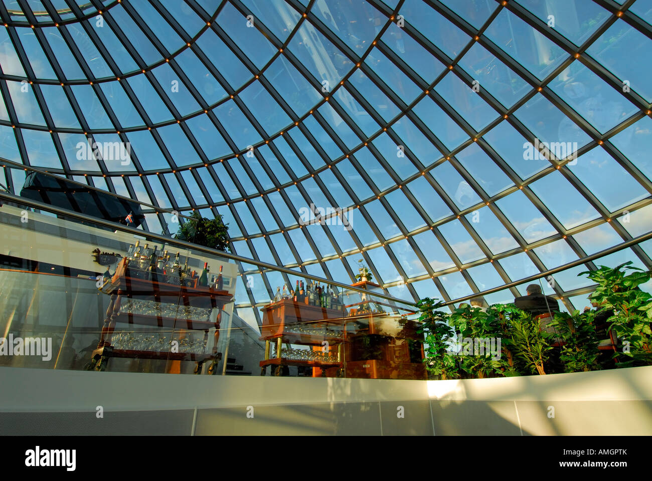 Interior of Perlan restaurant landmark building atop water tanks with ...