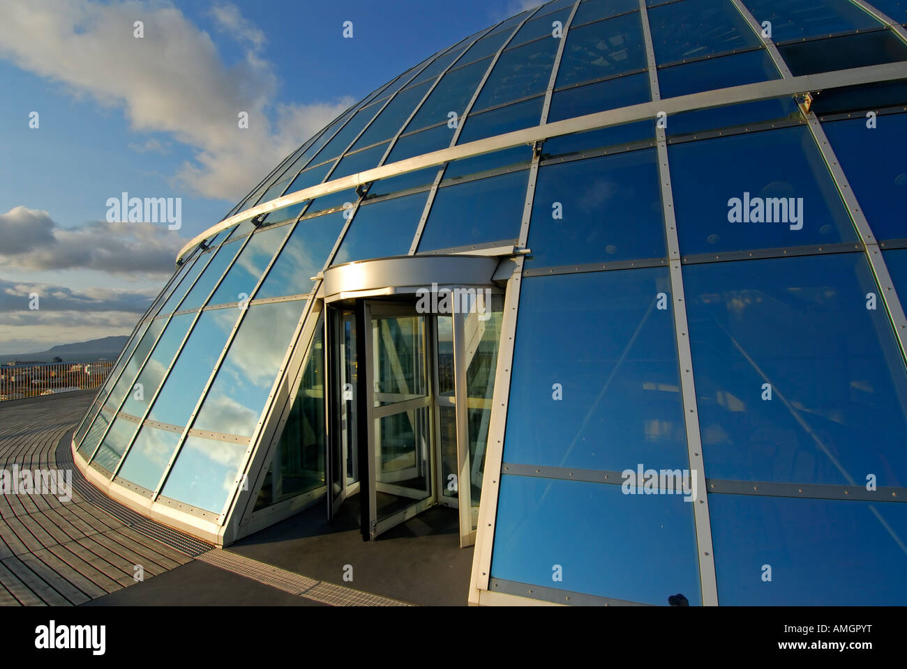 Observation desk at Perlan landmark building atop water tanks with ...