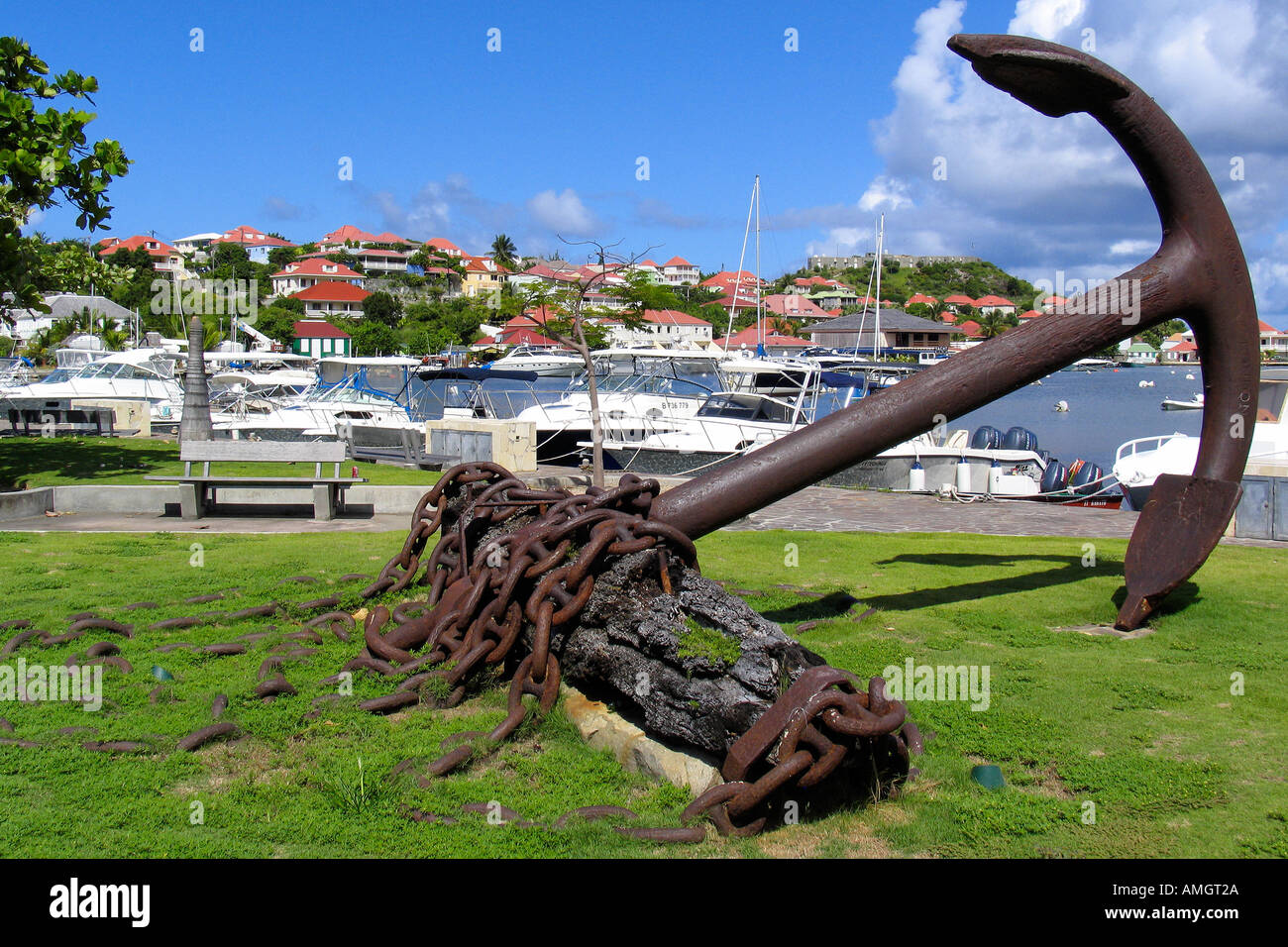 Rusty English anchor on display beside harbour Gustavia St Barts Stock ...