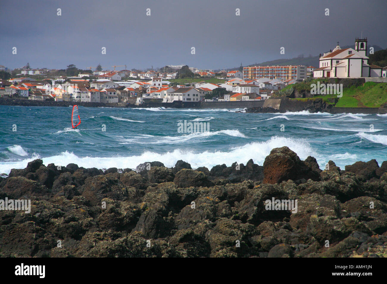 Stormy weather and windsurfer in Sao Roque Sao Miguel island Azores ...
