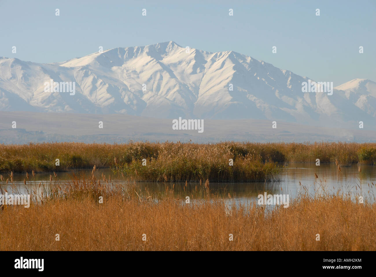 View of Lake van with volcano Suphan Dagi in background, Van province ...