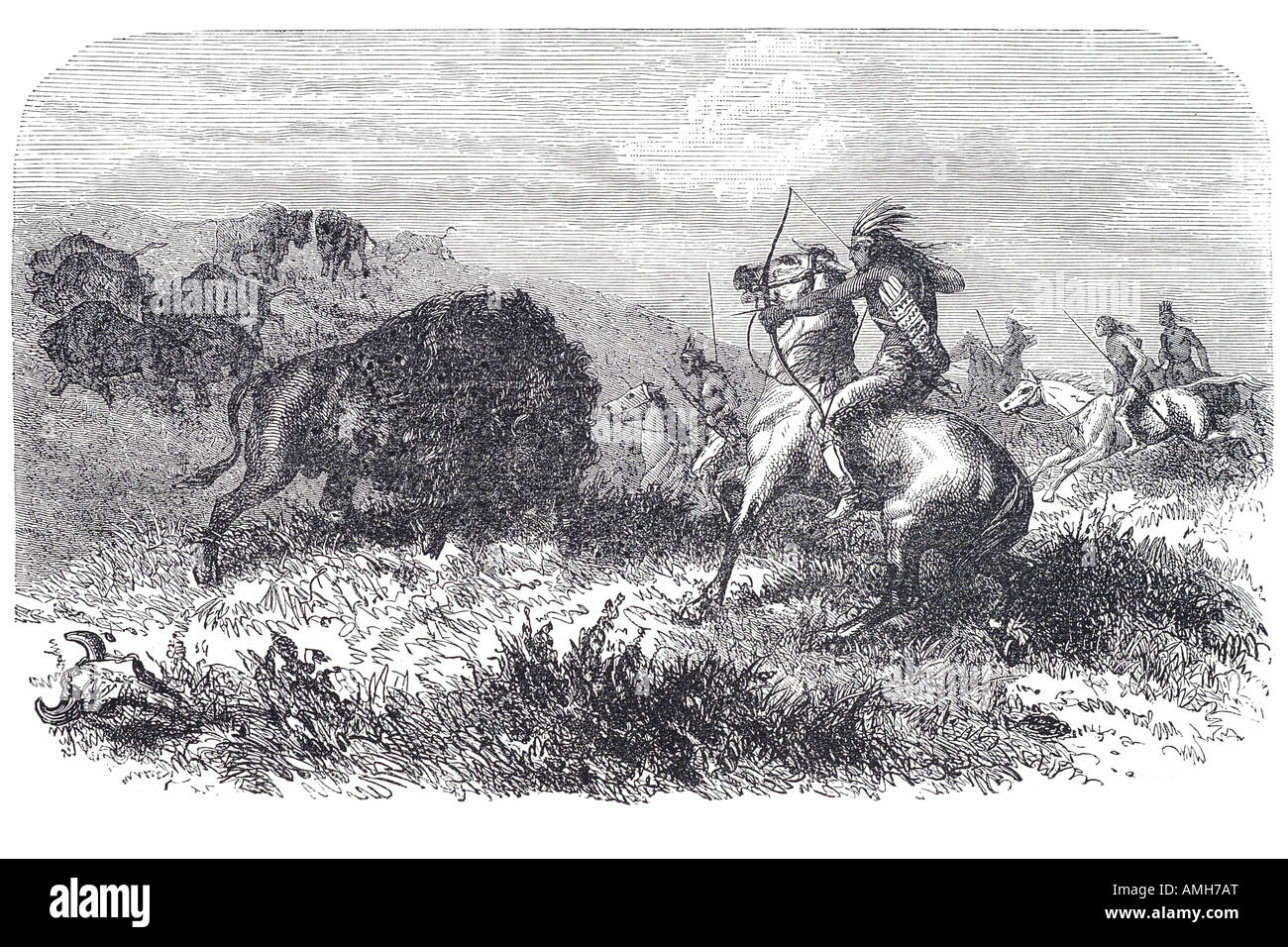 1860 indian hunting bison north America plain bow arrow horse pony hunt ...