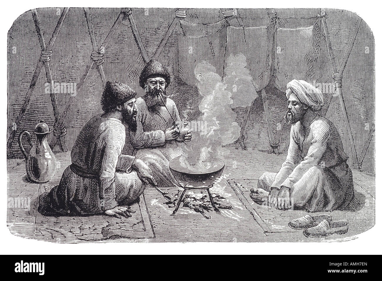 urcoman tent Turkmen people Turkmenistan sat seated cook cooking pot ...