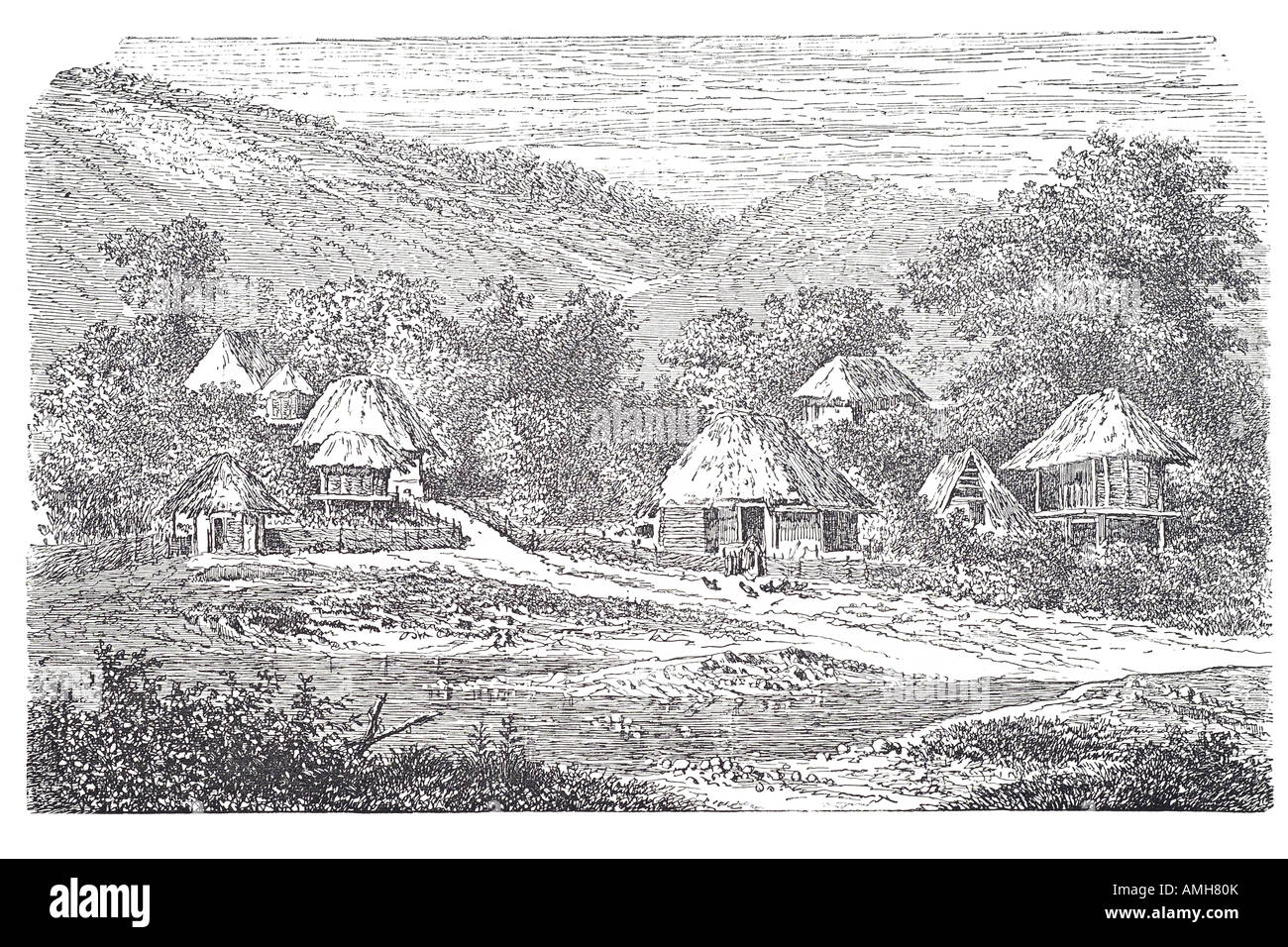 village szill valley round thatched house stilt elevated raised up farm ...