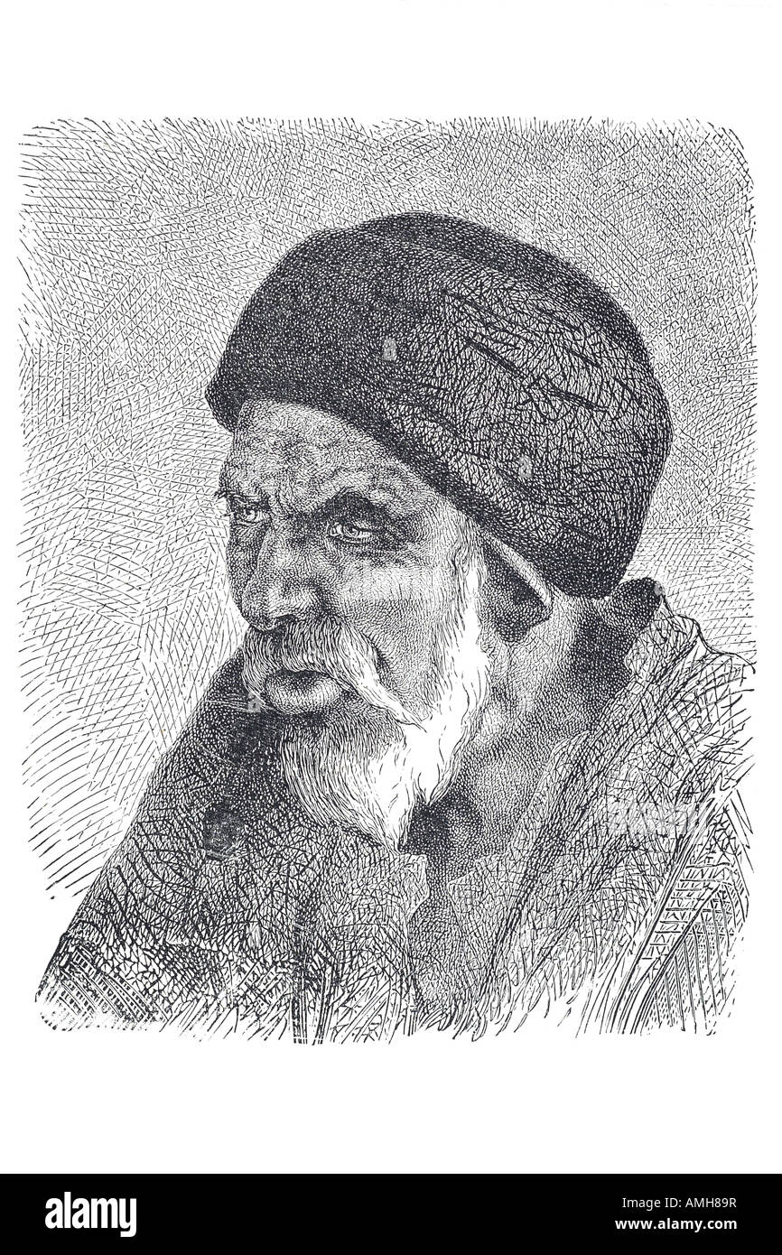old Bulgarian peasant Bulgaria man moustache beard hat portrait head ...