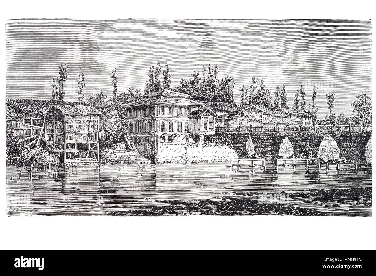 bridge Srinagar state Jammu Kashmir India.Valley Jhelum River Indus ...