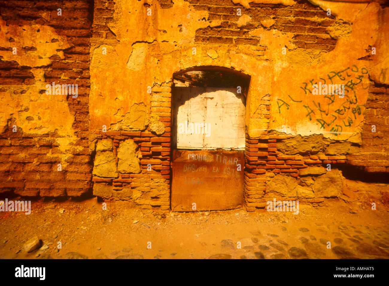 Decaying Stone Wall with Doorway And Graffiti, Oaxaca, Mexico Stock ...