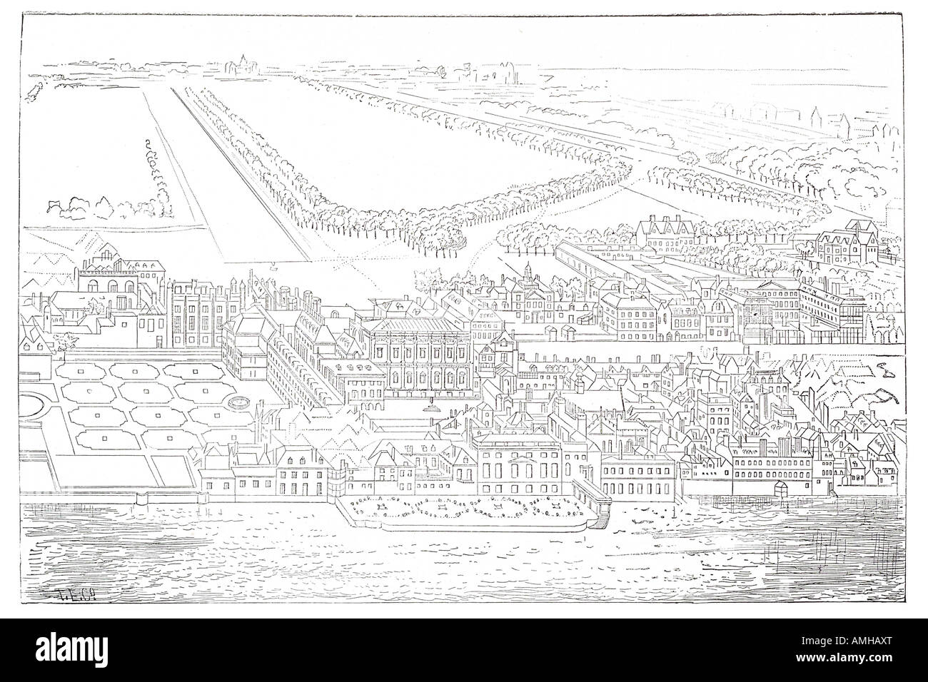 1670 whitehall from river after great fire river bank Thames elevated ...