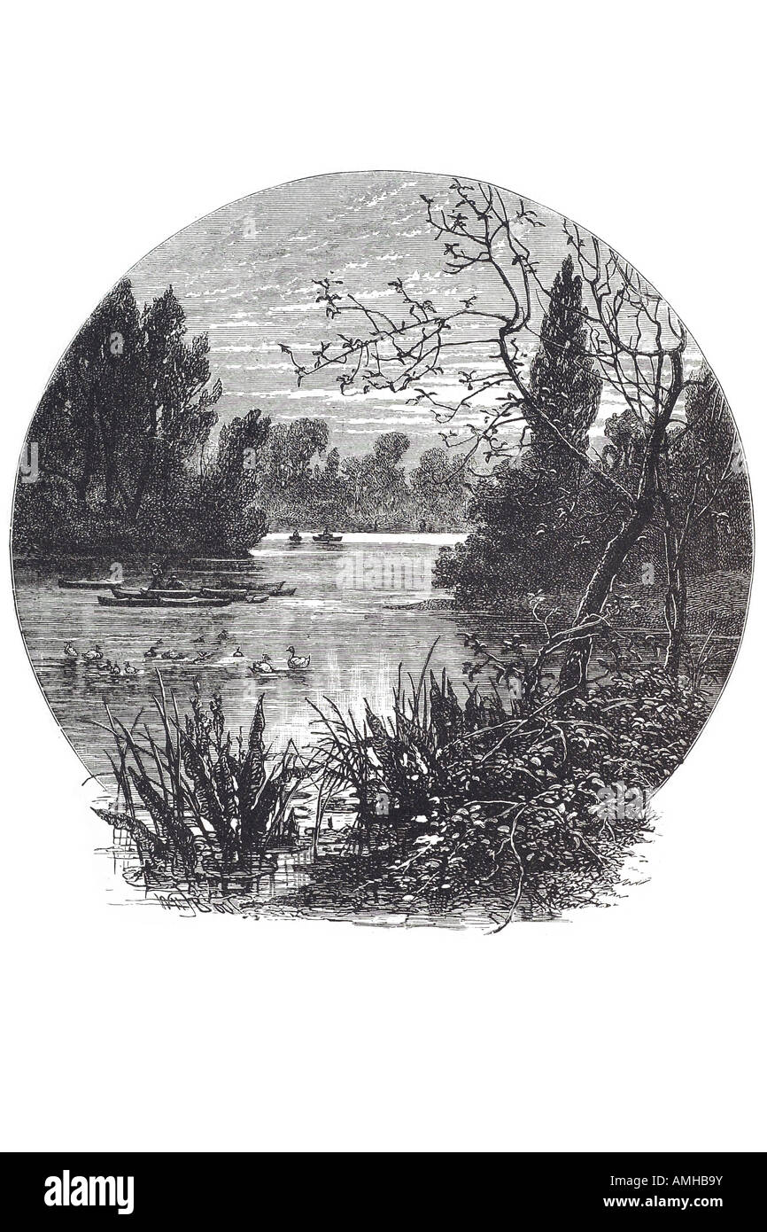 1860 battersea park lake pond water rowing boat tranquil peaceful ...