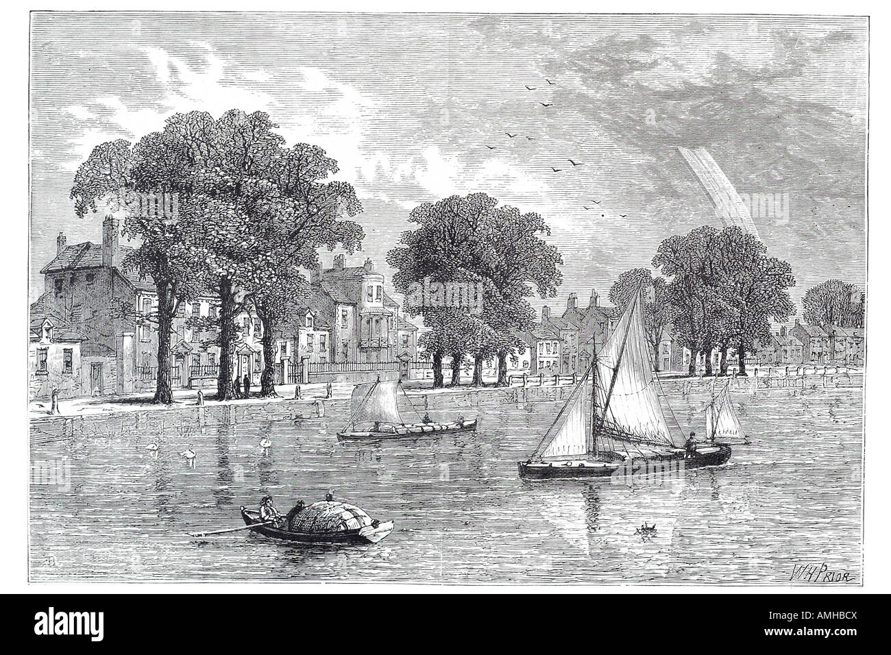 1800 Hammersmith mall river Thames sailing ship boat London Greater ...