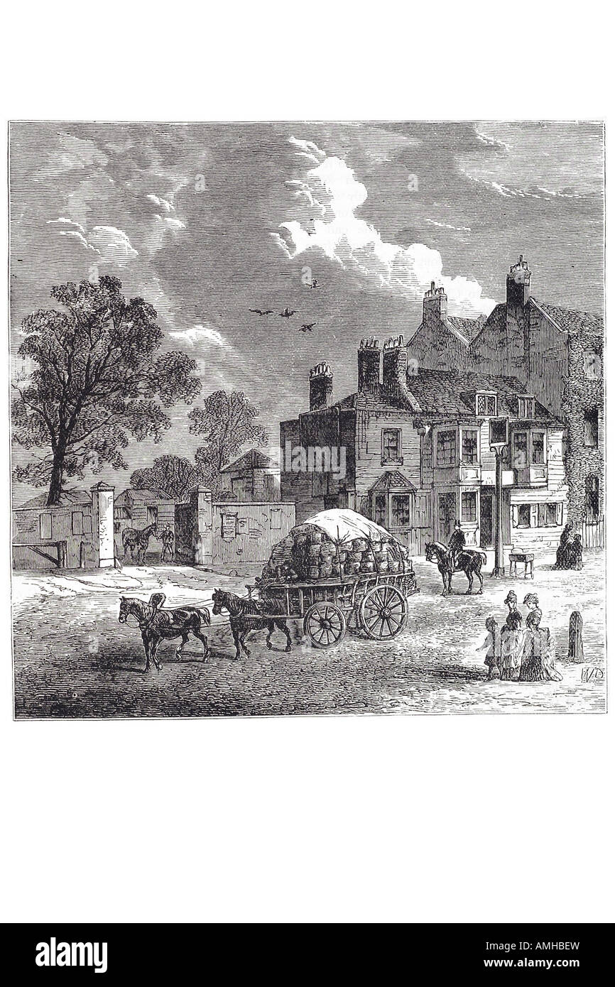 1860 red cow inn hammersmith horse wagon dray cart pub public London ...