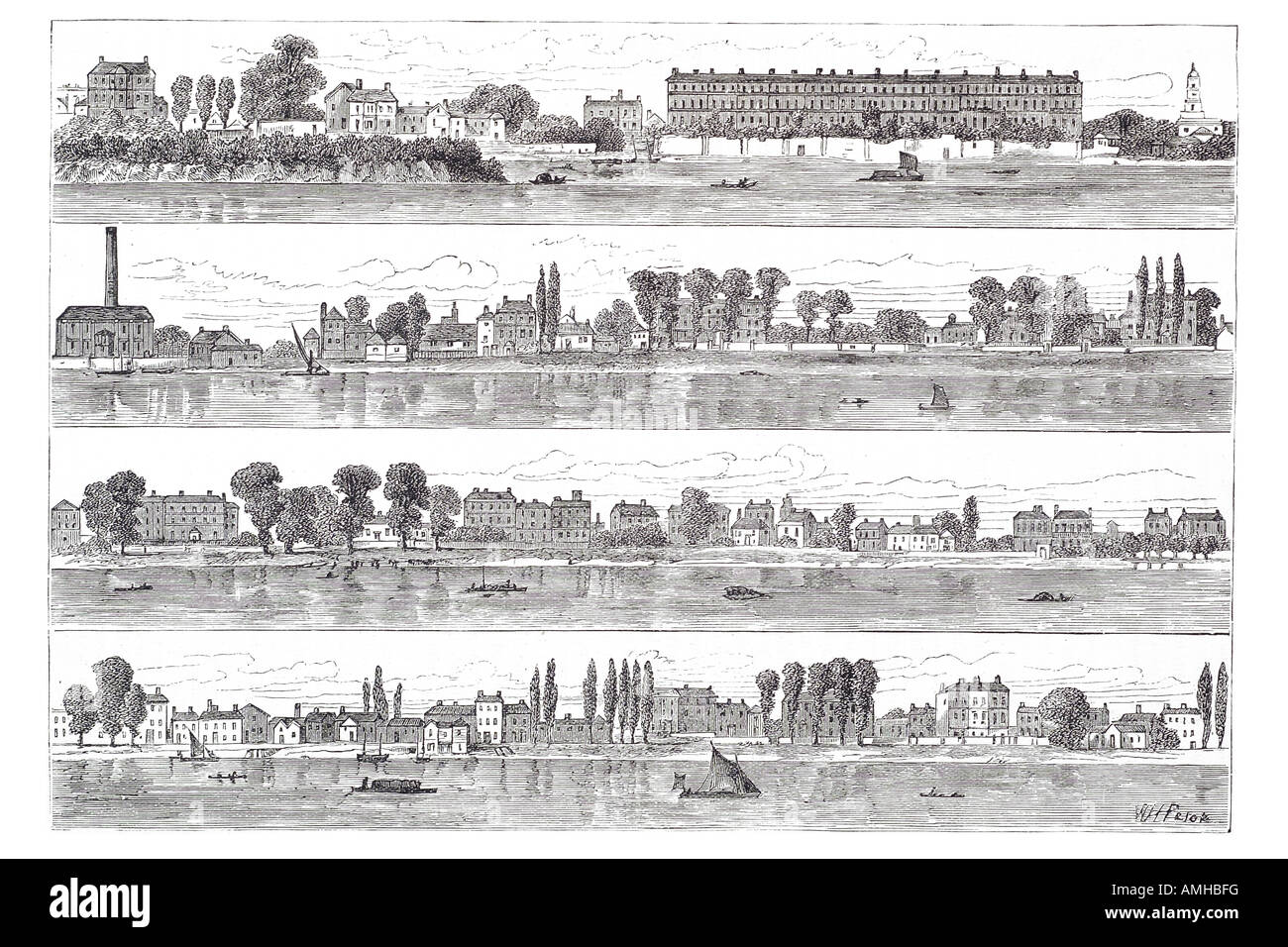 1800 river Thames front hammersmith evot eyot chiswick to bridge ...