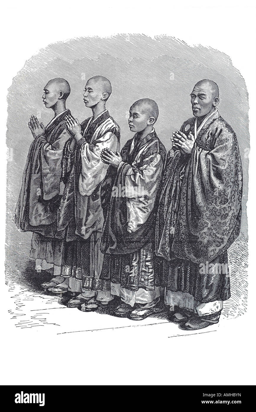 1890 bonze praying Buddhist monk far east asia traditional costume ...