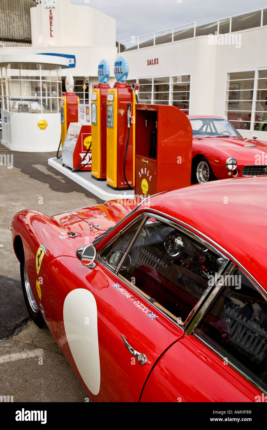 Ferrari and Shell garage reconstruction at Goodwood Revival, Sussex, UK ...
