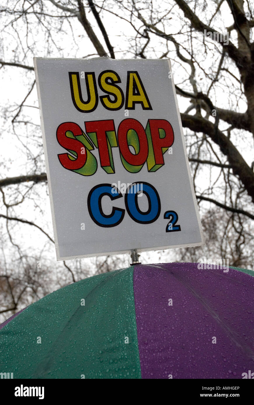 "USA stop C02" protestors placard Climate Change march London December ...