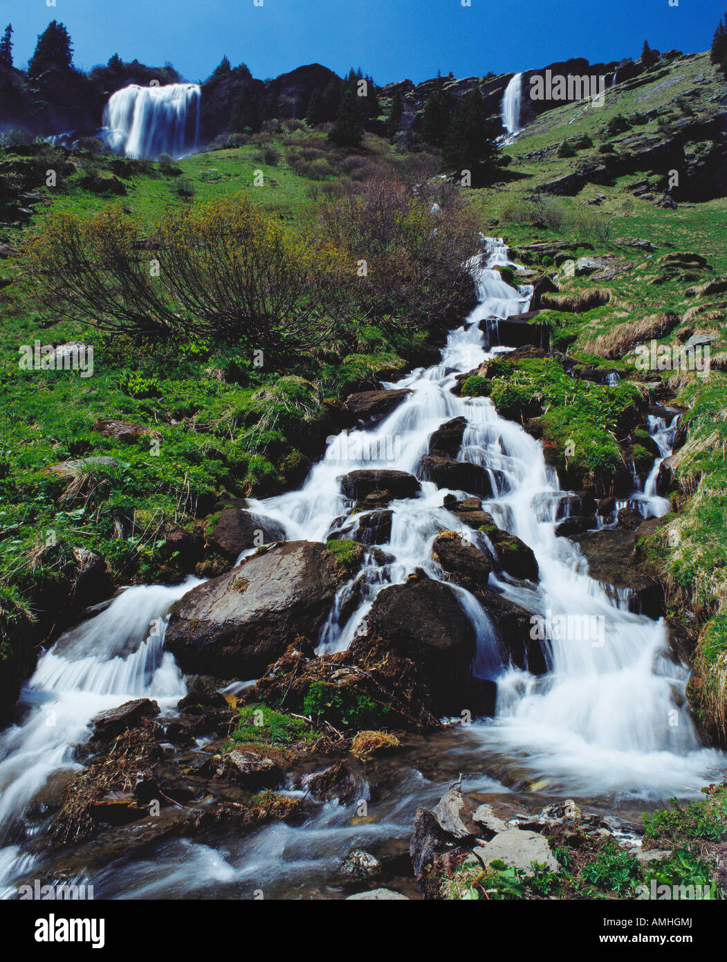 May 2000 Waterfalls in mountains Low angle view Stock Photo - Alamy