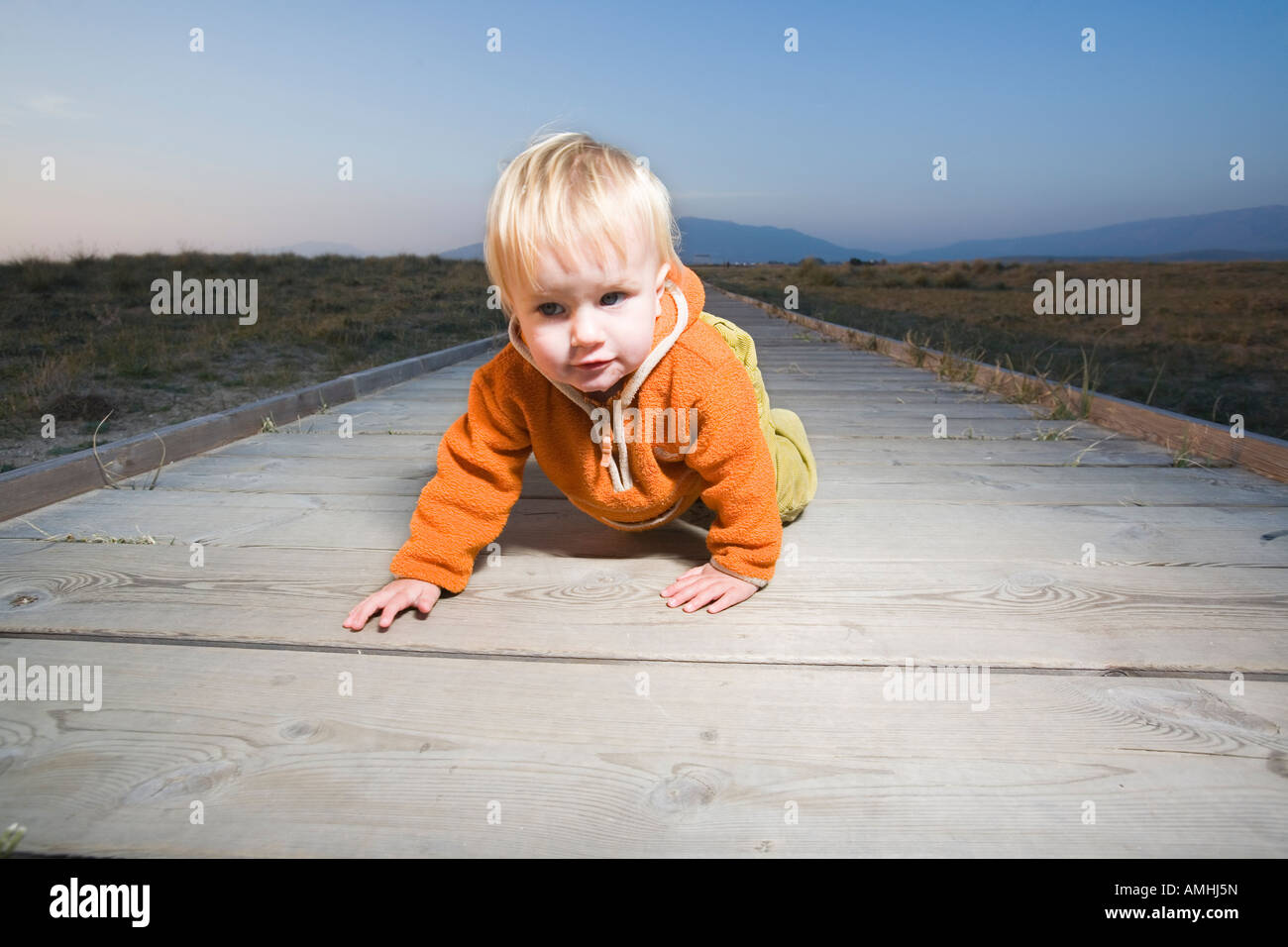 baby crawling outdoor on wood path in nature Stock Photo - Alamy