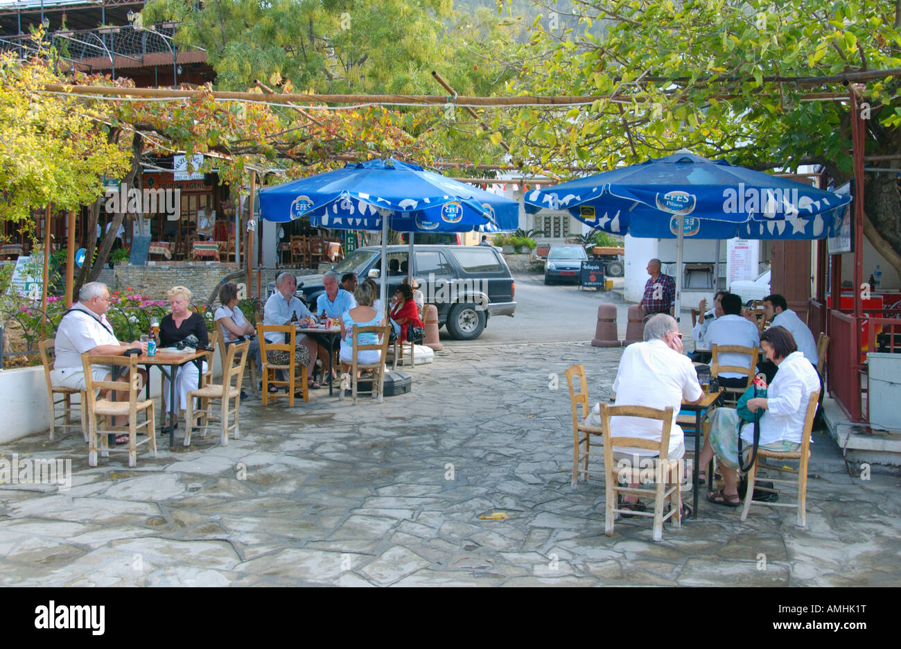 Cafe area next to Bellapais Abbey on the Mediterranean island of Cyprus ...