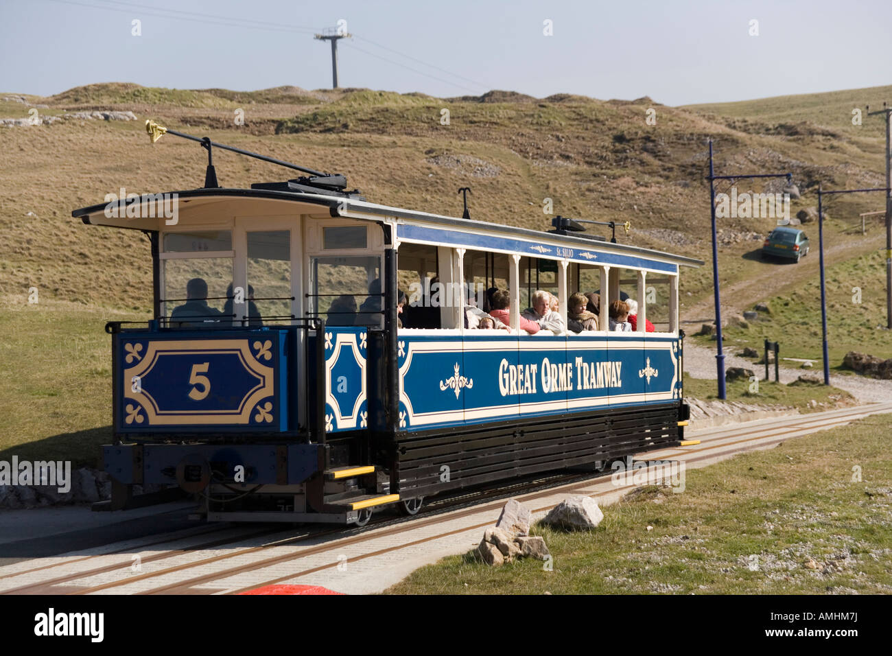 Tram on the Victorian Tramway on the Great Orme leaving the Halfway ...