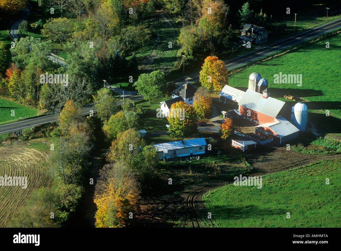 Aerial view of farms new Stowe on Scenic Route 100 VT Stock Photo - Alamy