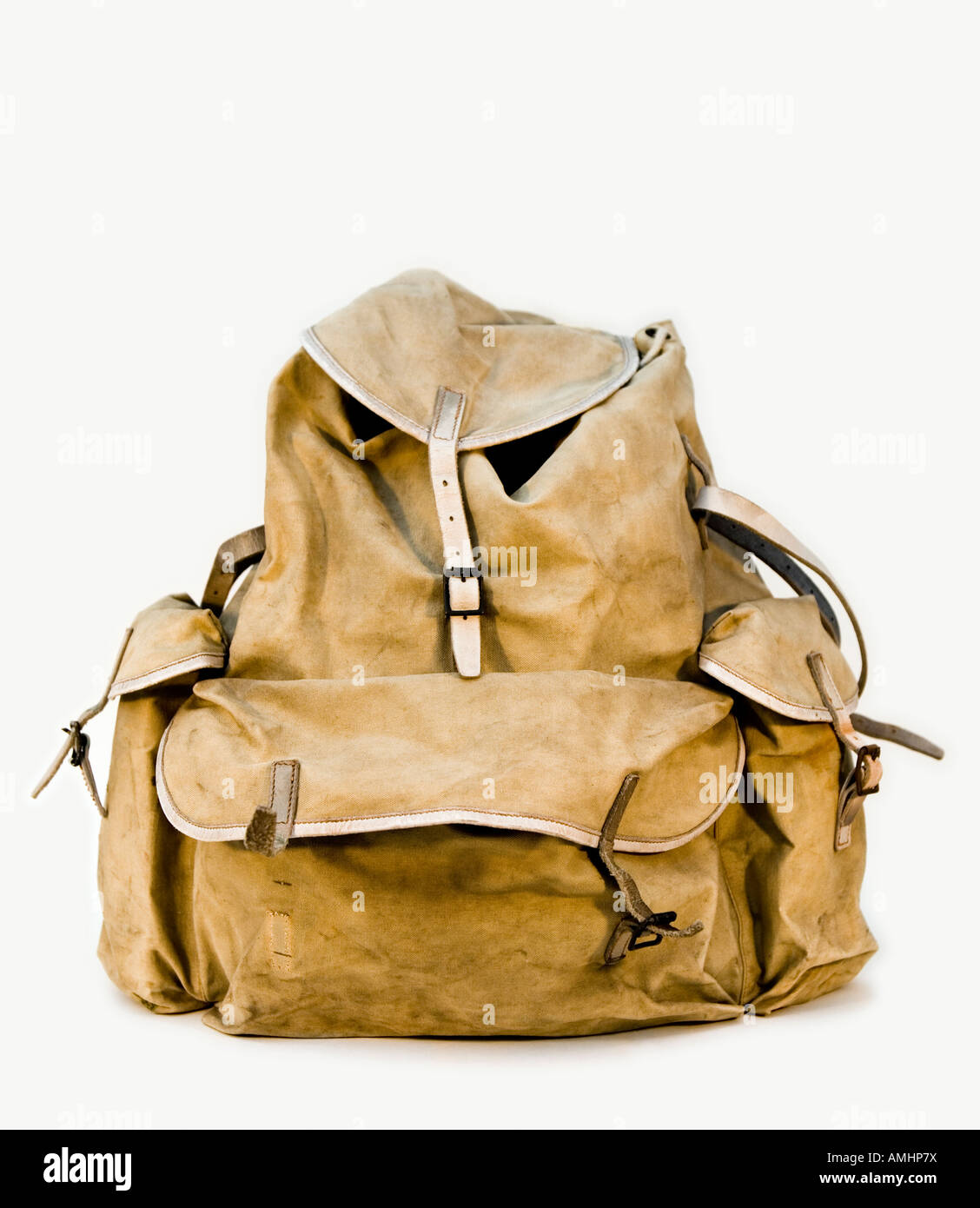 Vintage Khaki ruck sack on white background Stock Photo - Alamy