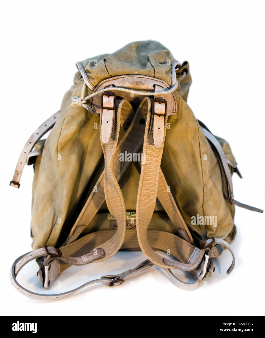 Vintage Khaki ruck sack on white background Stock Photo - Alamy