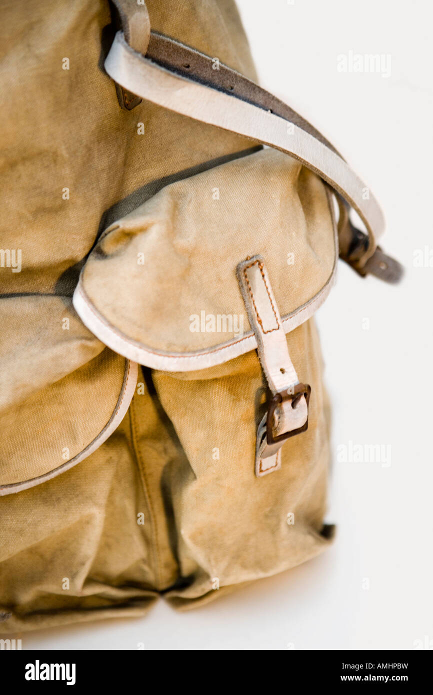 Vintage Khaki ruck sack on white background Stock Photo - Alamy