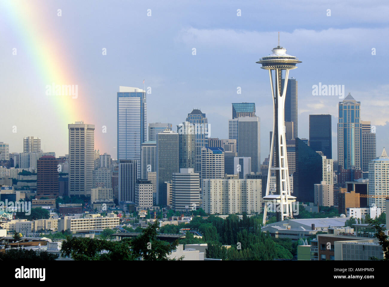 Rainbow over Seattle WA skyline with Space Needle Stock Photo - Alamy