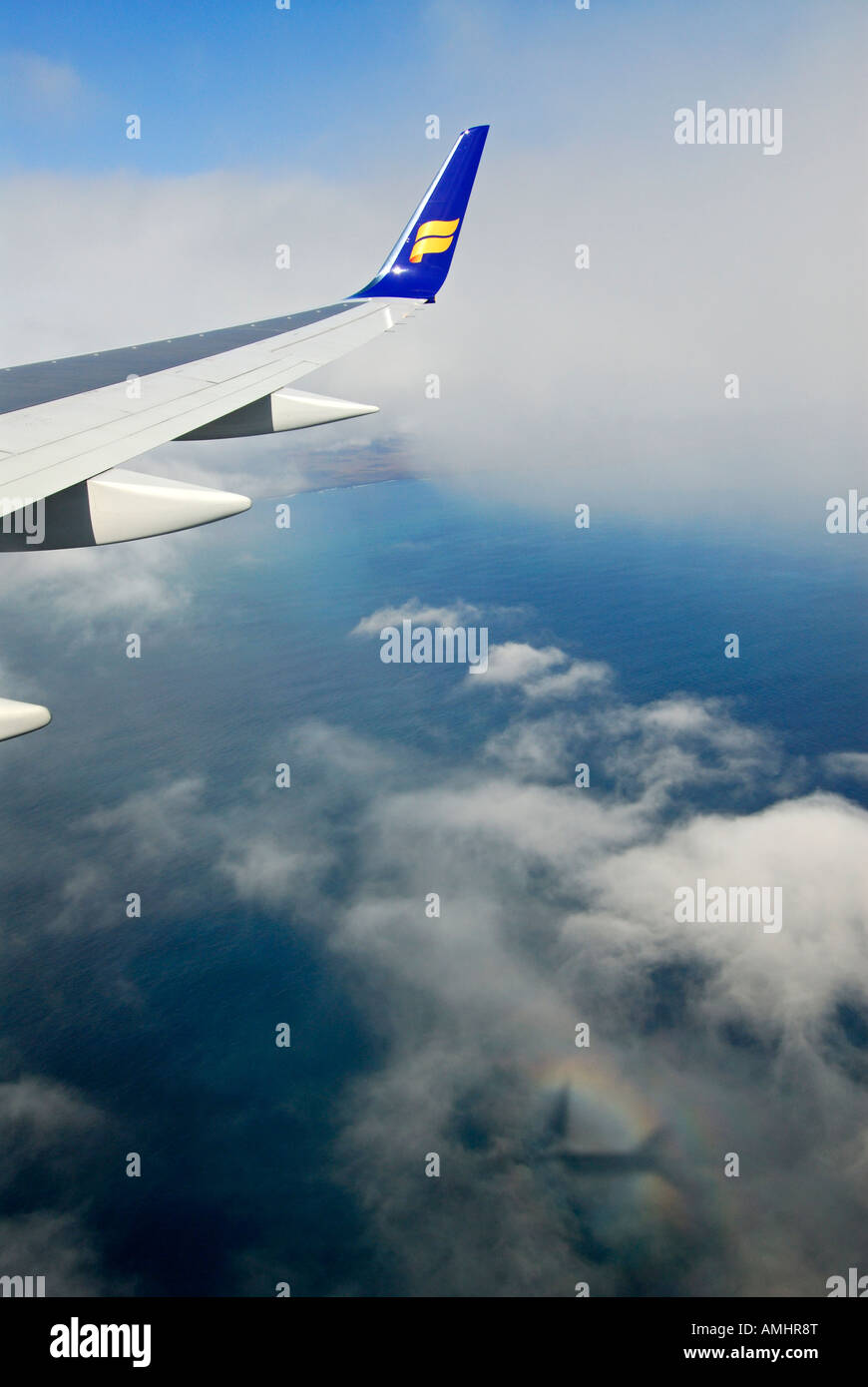 Passenger view from Iceland Air plane flying above Iceland plane shadow ...