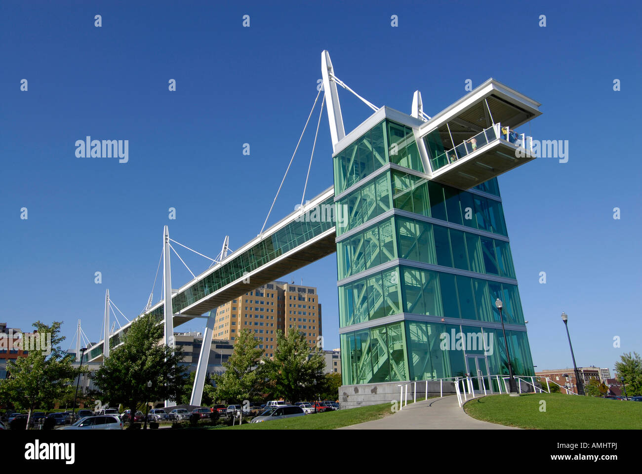 Glass pedestrian walk over bridge at Davenport Iowa IA Stock Photo - Alamy