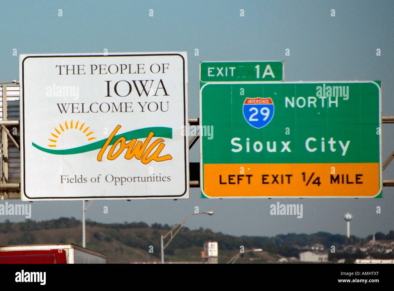 Welcome to Iowa sign on Interstate 80 freeway leaving Nebraska Stock ...