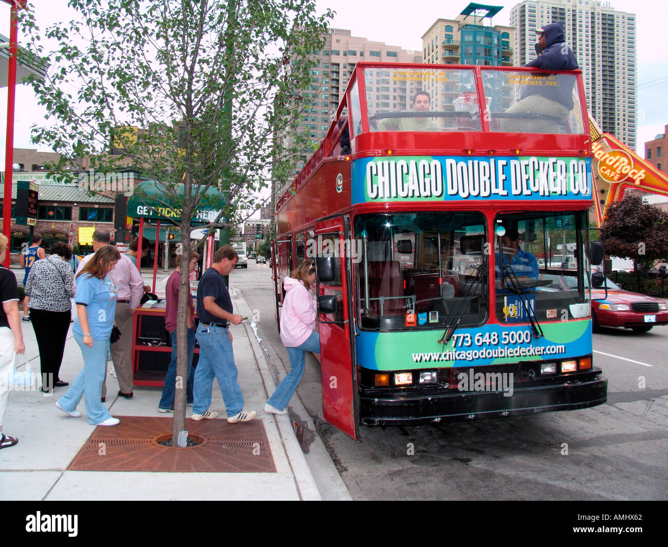 Visitors board open top double decker tour bus River North Chicago USA ...