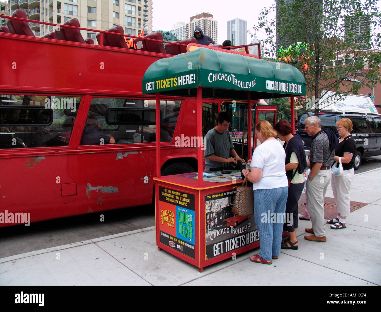 Open top bus tour ticket booth Chicago River North Illinois USA Stock ...