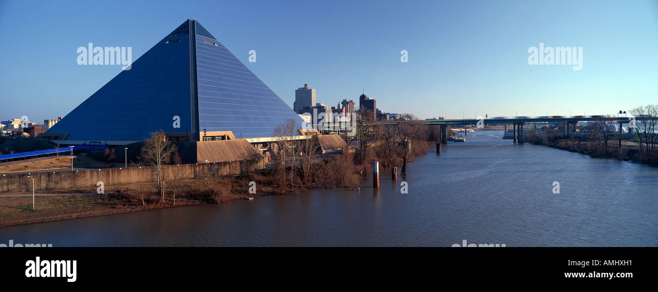 Panoramic view of the Pyramid Sports Arena in Memphis TN with statue of ...